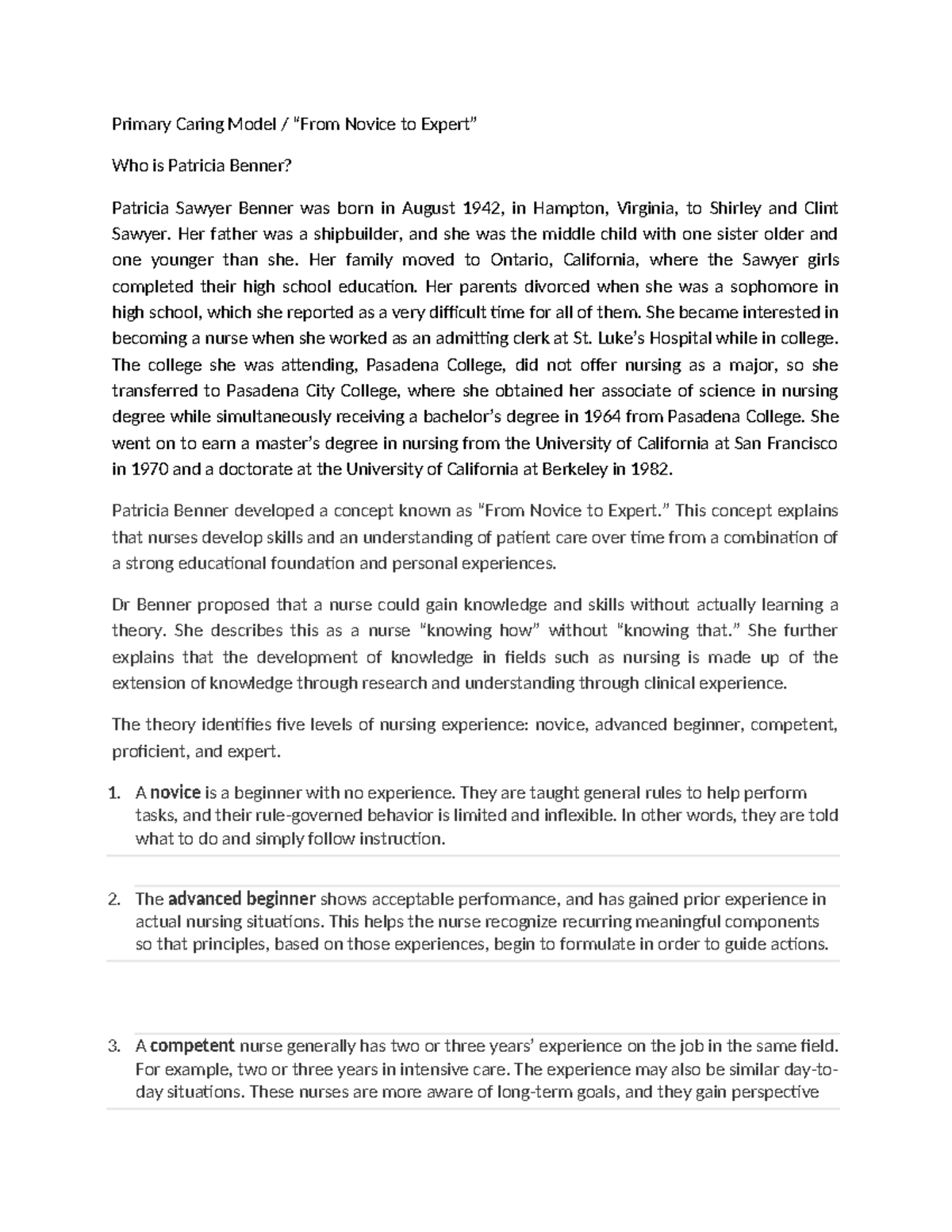 Primary Caring Model draft - Primary Caring Model / “From Novice to ...