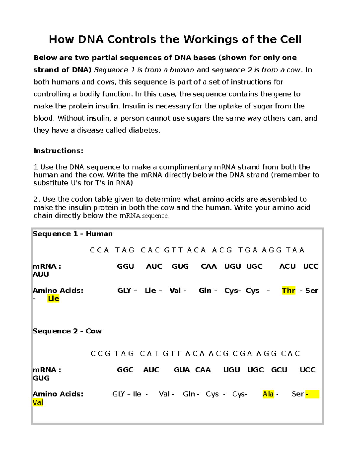 Transcription Translation Worksheet KEY 1z5v864 - How DNA Controls the ...
