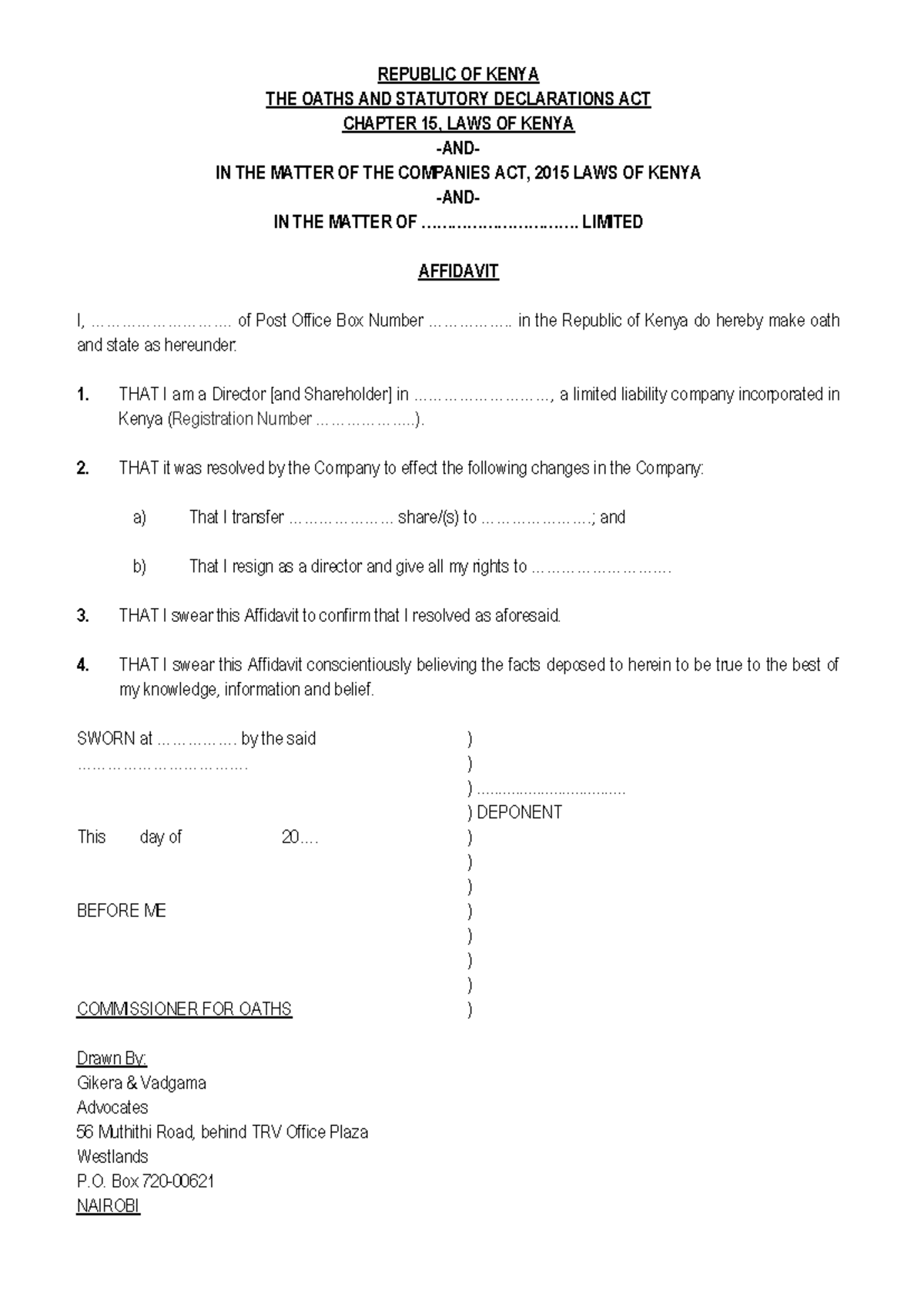 Affidavit of Resignation of a Director -14-1-Extract - REPUBLIC OF KENYA THE OATHS AND STATUTORY ...