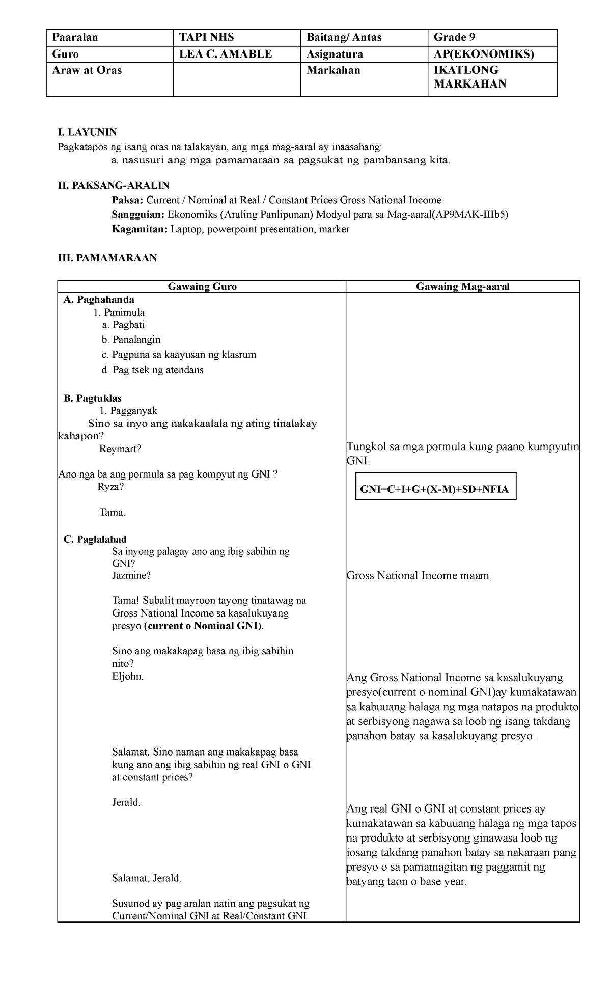 Dlp ap9 day3 - day 3 - Paaralan TAPI NHS Baitang/ Antas Grade 9 Guro LEA C. AMABLE Asignatura ...