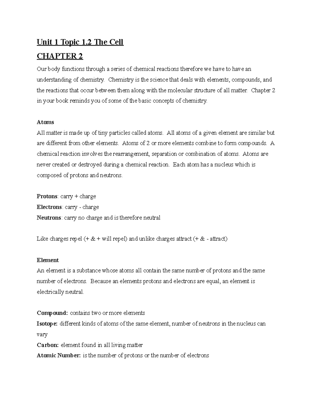 Basic Concepts of Chemistry in Cells - Studocu