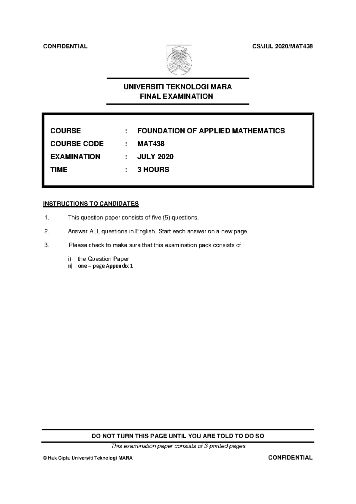 3. MAT438 JULY 2020(Question) - UNIVERSITI TEKNOLOGI MARA FINAL EXAMINATION COURSE : FOUNDATION ...