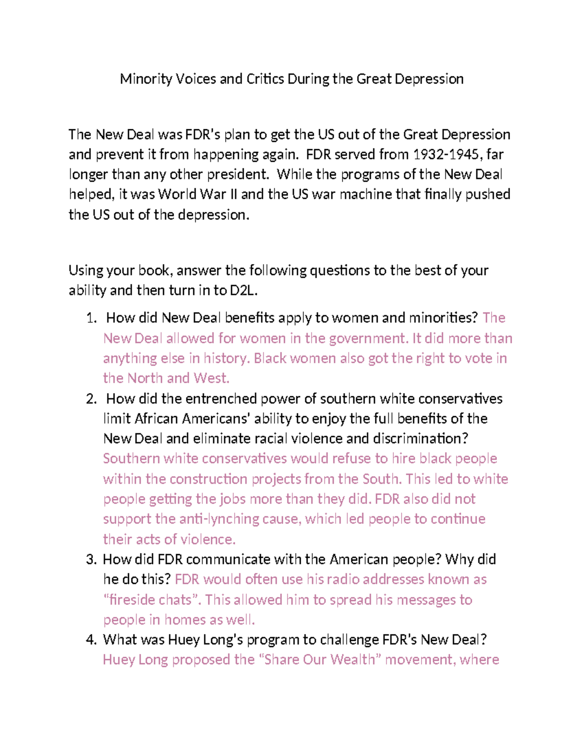 Minority Voices and Critics During the Great Depression - FDR served ...