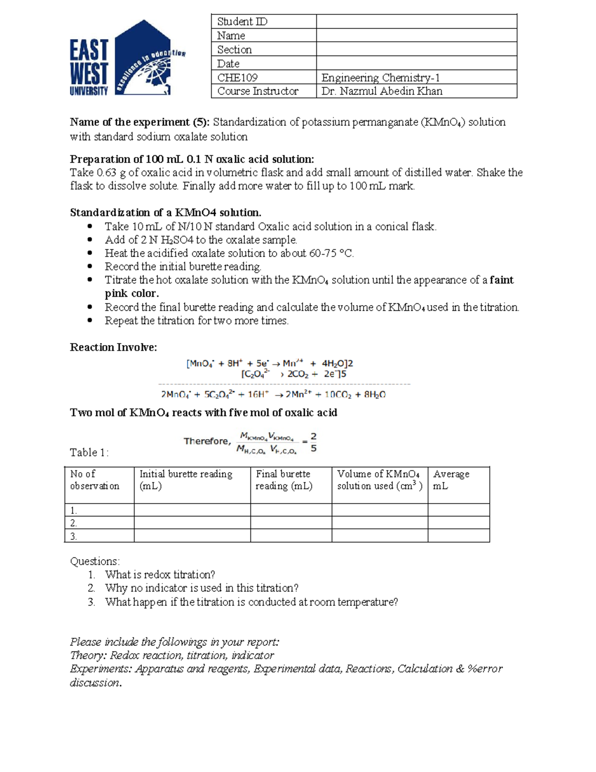 Exp 5 - chemistry - Name of the experiment (5): Standardization of ...