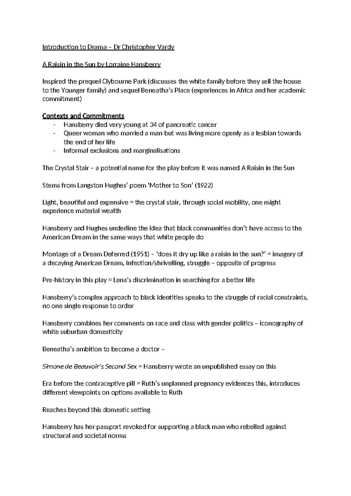 A Raisin in the Sun Lecture - Introduction to Drama – Dr Christopher ...