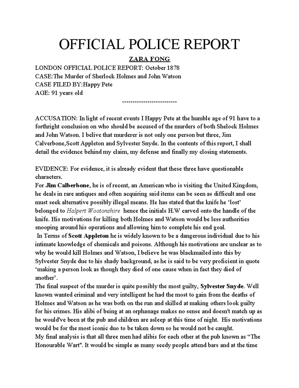 Murder Mystery Assignment - OFFICIAL POLICE REPORT ZARA FONG LONDON ...