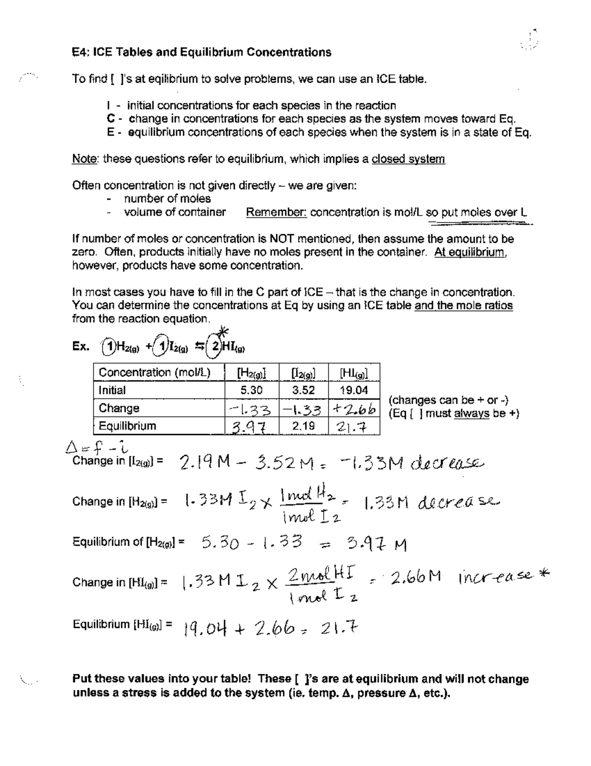 E4 ICE tables completed notes - Introduction To Chemistry II - Studocu