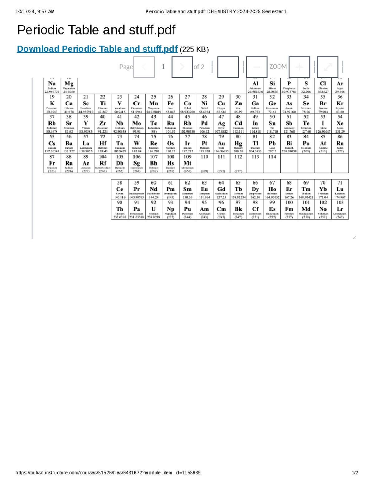 Periodic Table and stuff.pdf Chemistry 2024-2025 Semester 1 - 10/17/24 ...