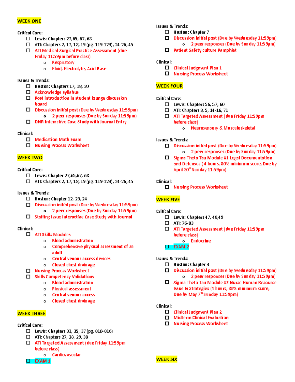 Critical Care TO DO LIST - WEEK ONE Critical Care: o Lewis: Chapters 27 ...
