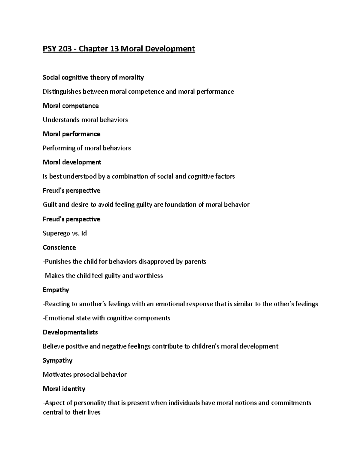 PSY 203 chapter 13 moral development - PSY 203 - Chapter 13 Moral Development Social cognitive ...