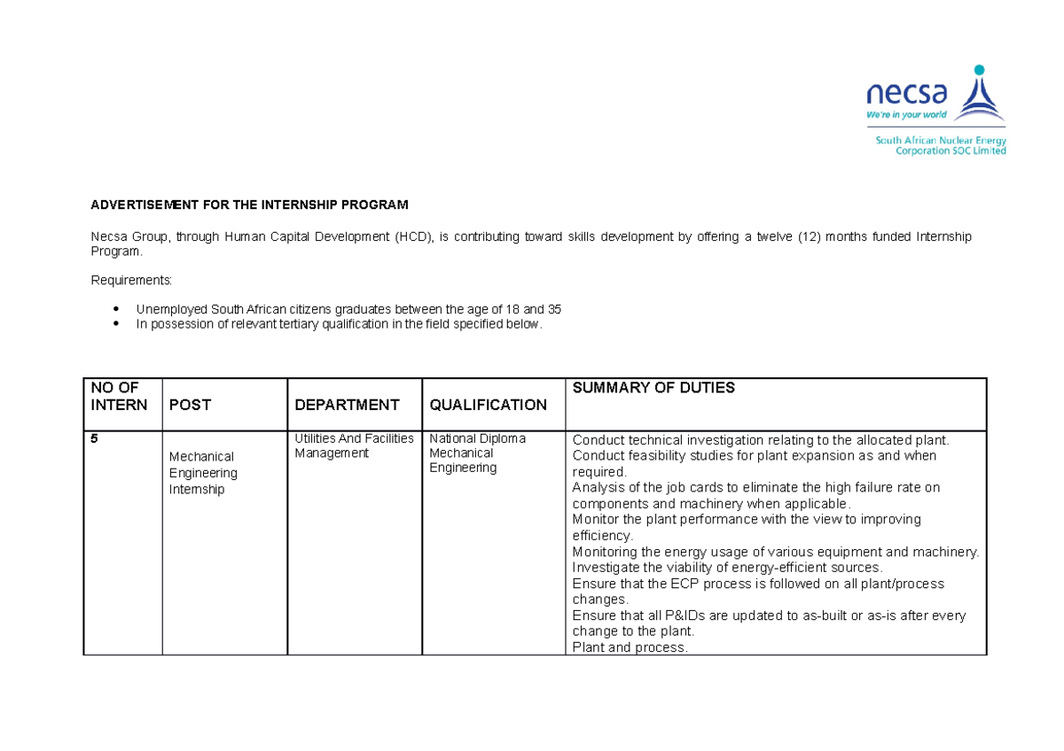 Advertisement for Internship Program - ADVERTISEMENT FOR THE INTERNSHIP ...