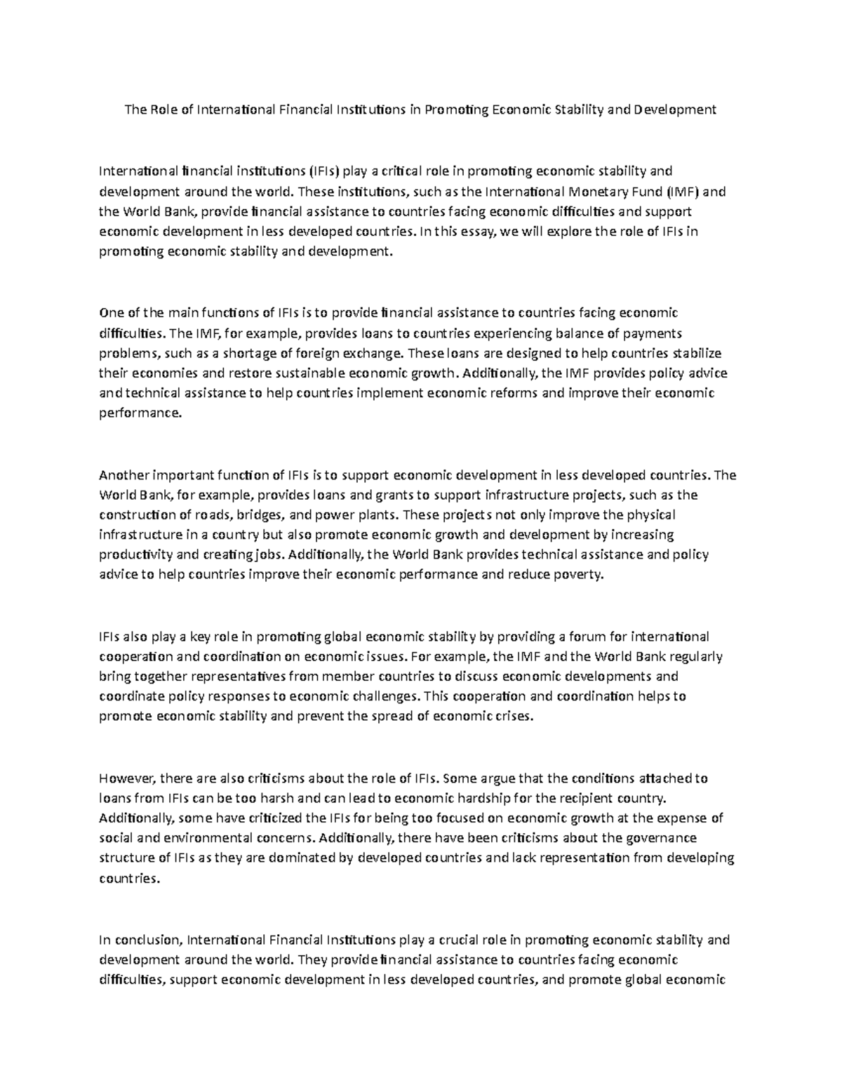 The Role of International Financial Institutions in Promoting Economic ...