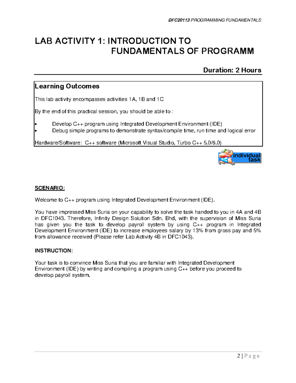LAB Activity 1 - 2021 - LAB ACTIVITY 1: INTRODUCTION TO FUNDAMENTALS OF PROGRAMM Duration: 2 ...