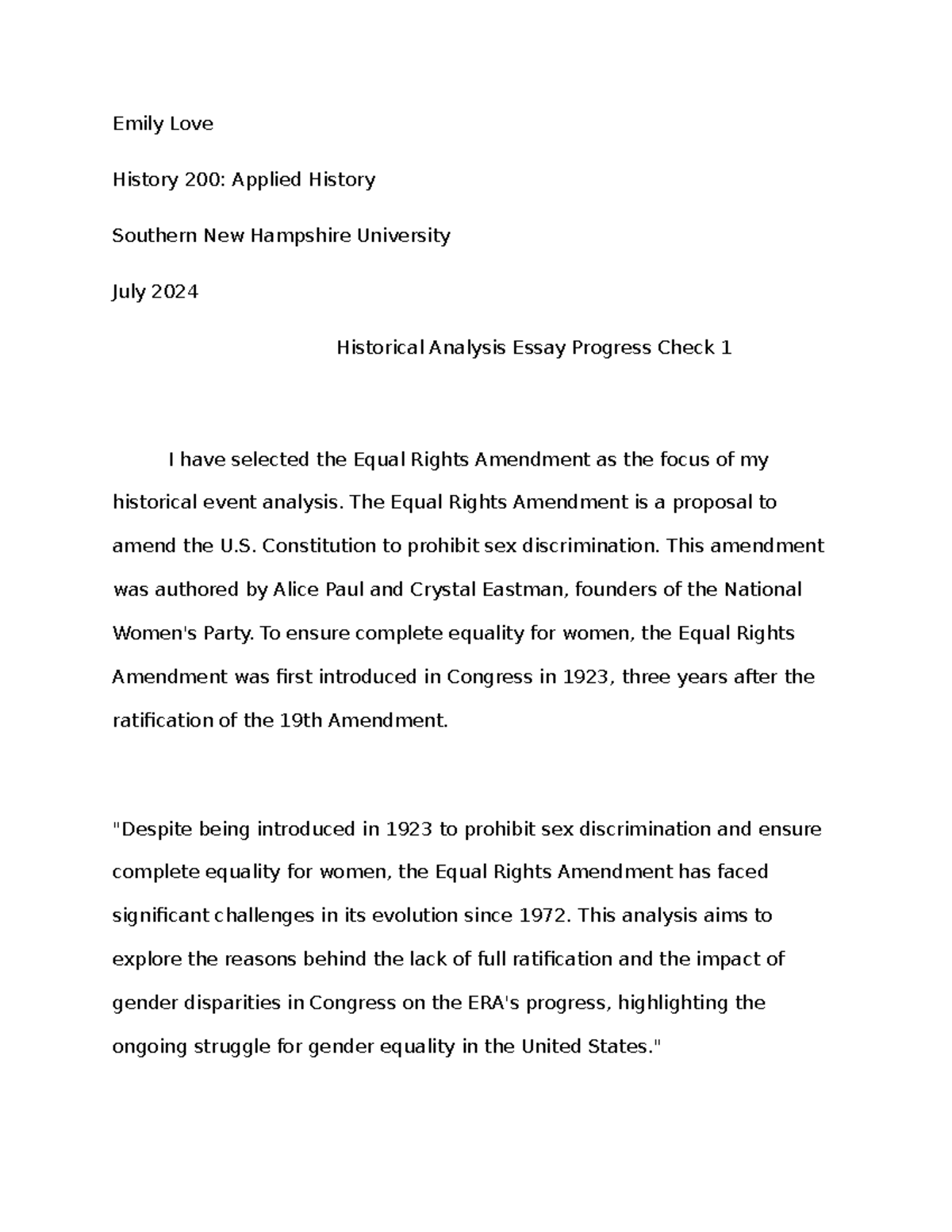 Historical Analysis Essay Progress Check 1 - The Equal Rights Amendment ...