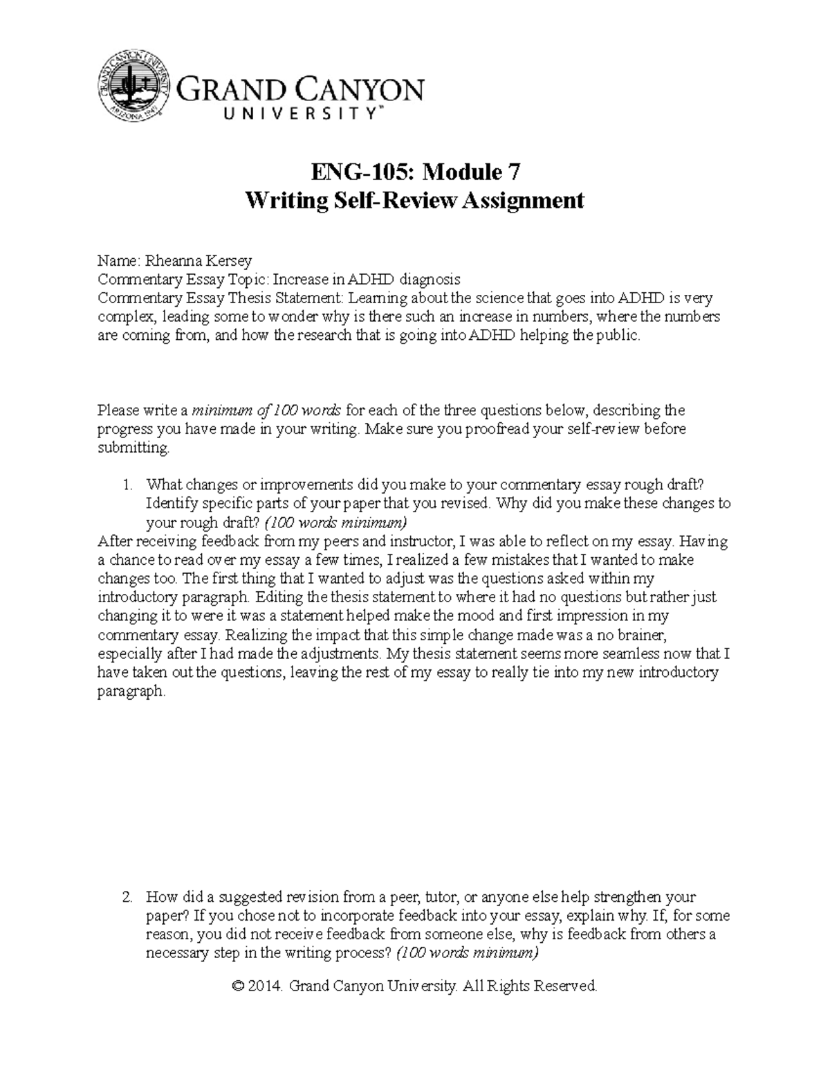 ENG105 Self Review Assignment - ENG-105: Module 7 Writing Self-Review ...