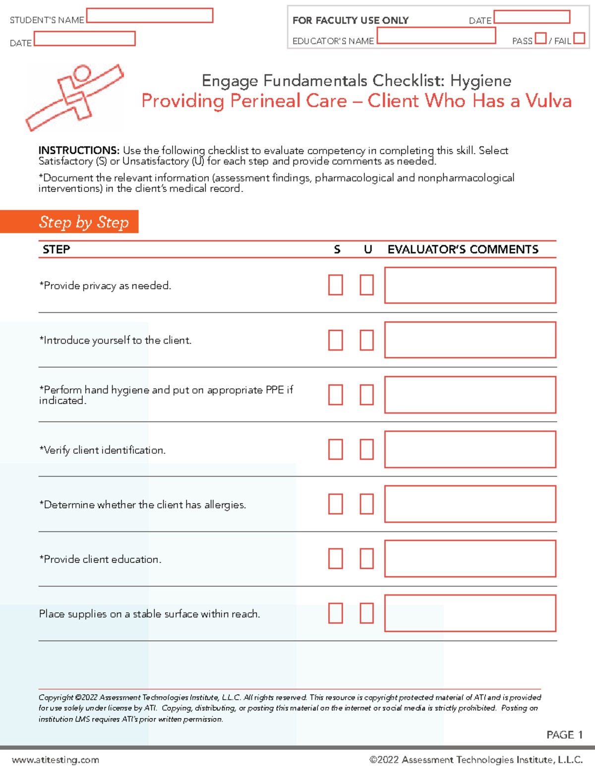 Skills Checklist Hygiene Perineal Female - atitesting ©2022 Assessment ...