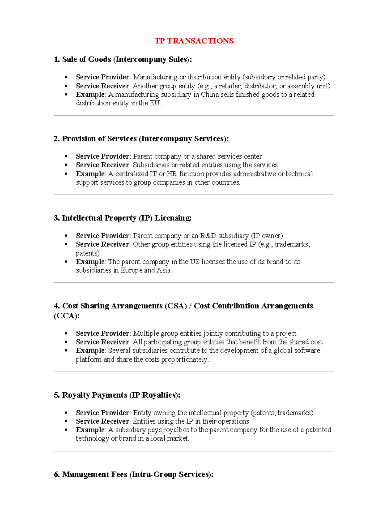 TP Transactions - TP TRANSACTIONS 1. Sale of Goods (Intercompany Sales ...
