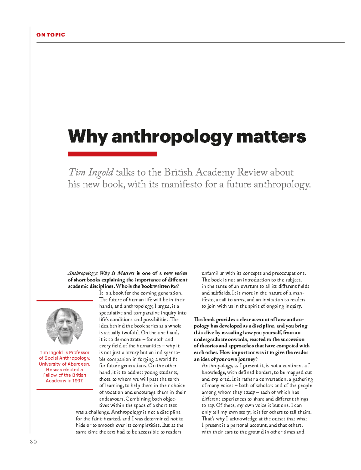 Ingold Why Anthropology Matters - O N TO P I C 3 0 Tim Ingold is ...