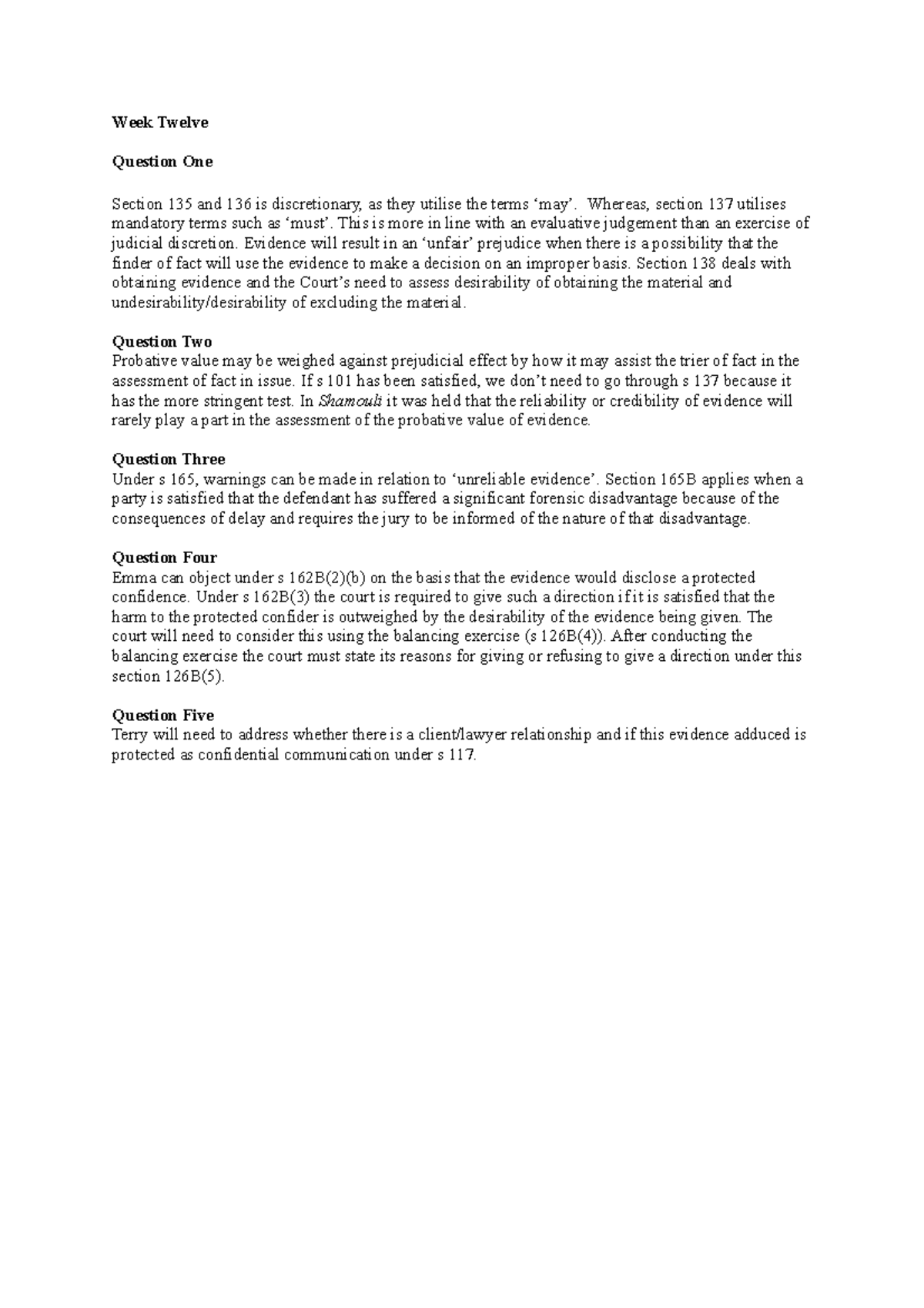 Week Twelve - Tutorial Work - Week Twelve Question One Section 135 and ...