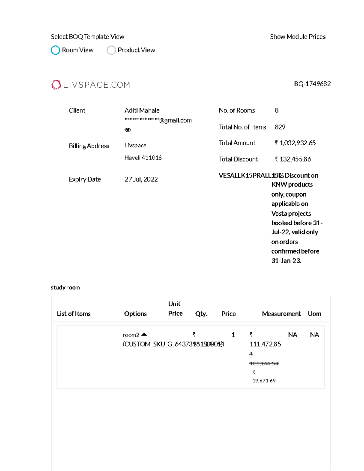 Modular & Services Quotation - BQ- No. of Rooms 8 Total No. of Items ...