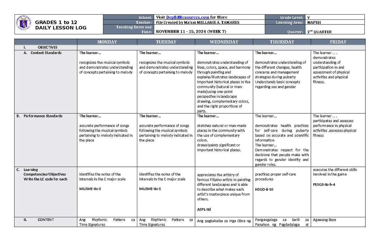 DLL Mapeh 5 Q2 W7 - GRADES 1 to 12 DAILY LESSON LOG School: Visit DepEdResources for More Grade ...