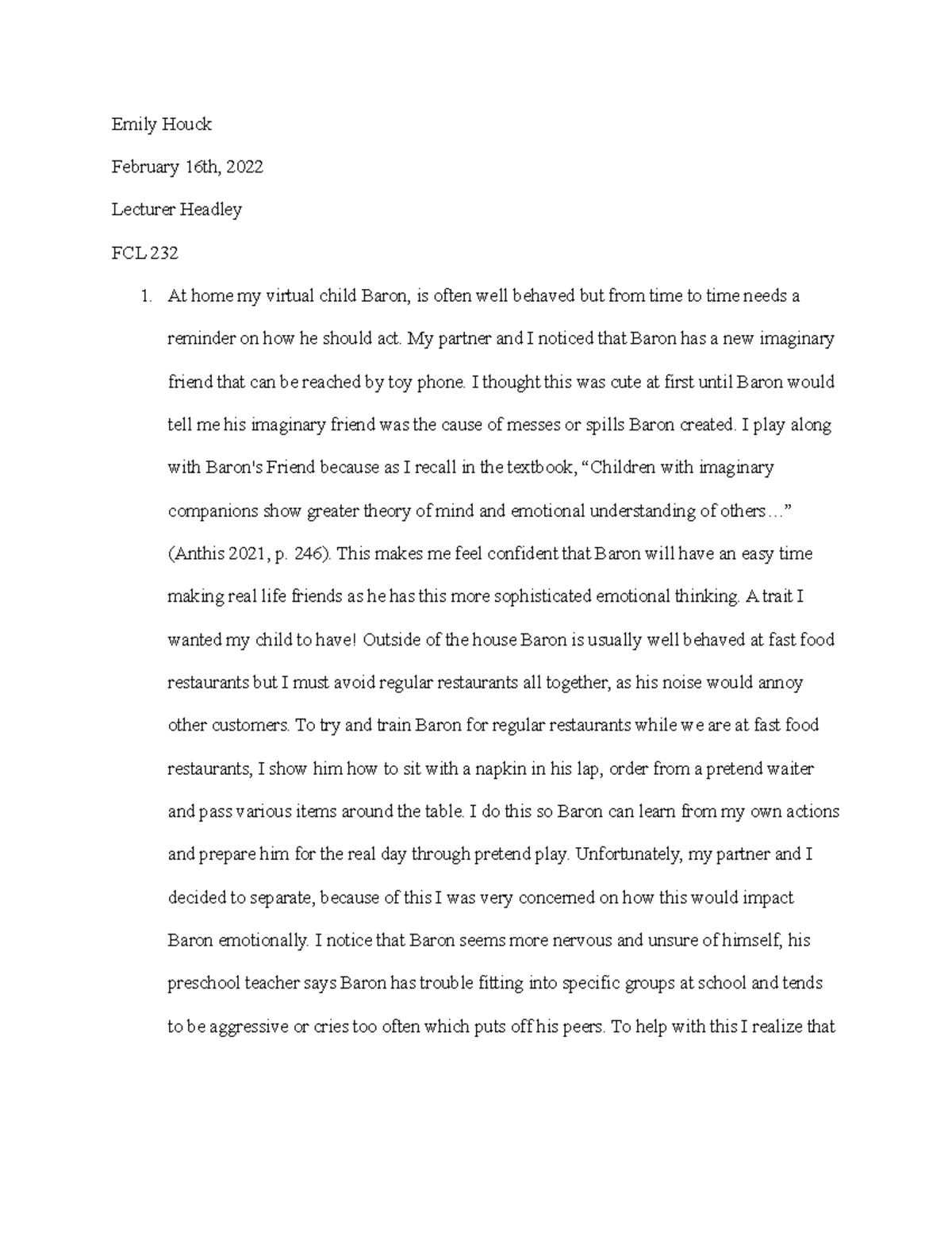 Vitrual Child Reflection - Emily Houck February 16th, 2022 Lecturer ...