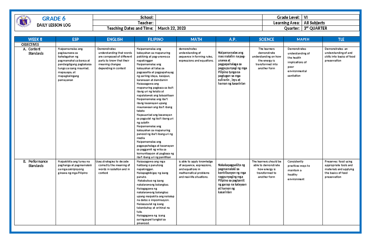 DLL G6 Q3 WEEK6 D3 - education - GRADE 6 DAILY LESSON LOG School: Grade ...