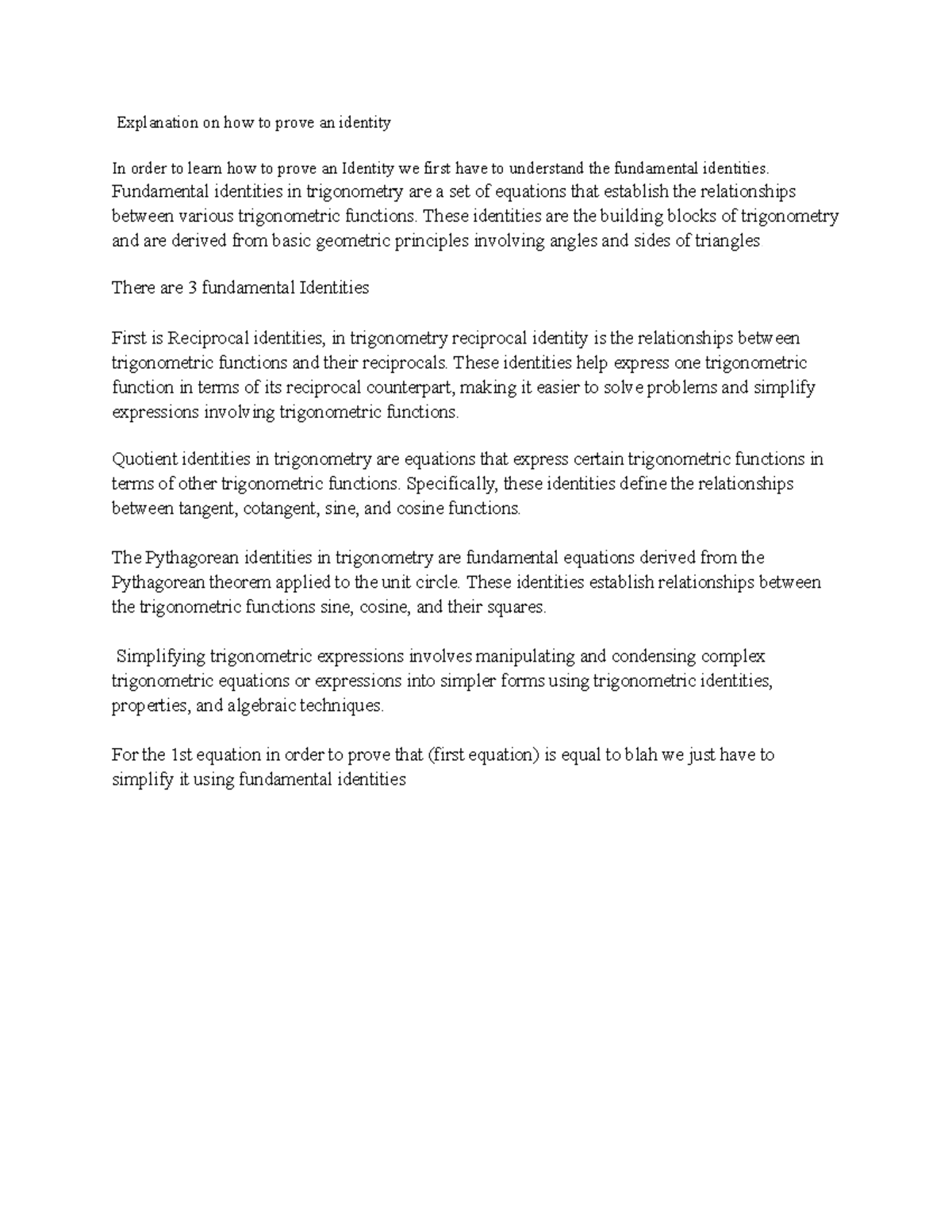 Pre cal script - Explanation on how to prove an identity In order to ...