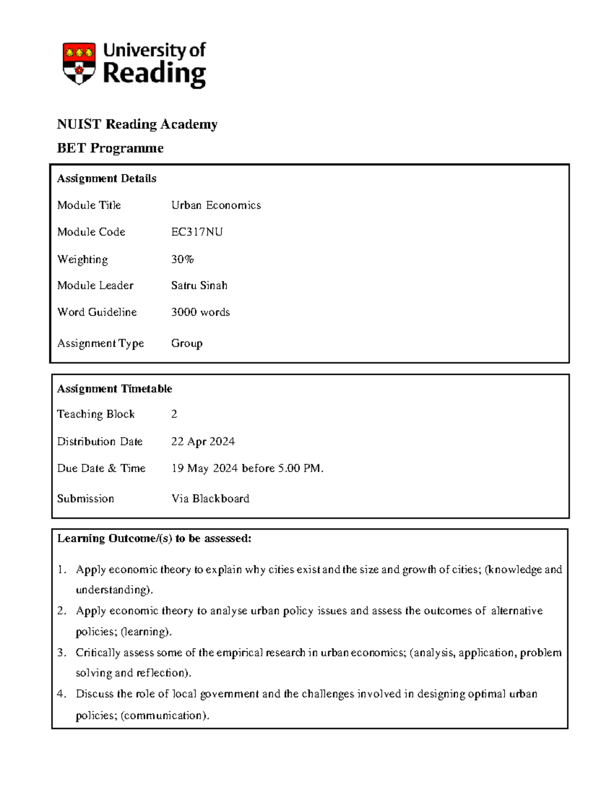 Urban Economics Assignment - NUIST Reading Academy BET Programme Assignment Details Module Title ...