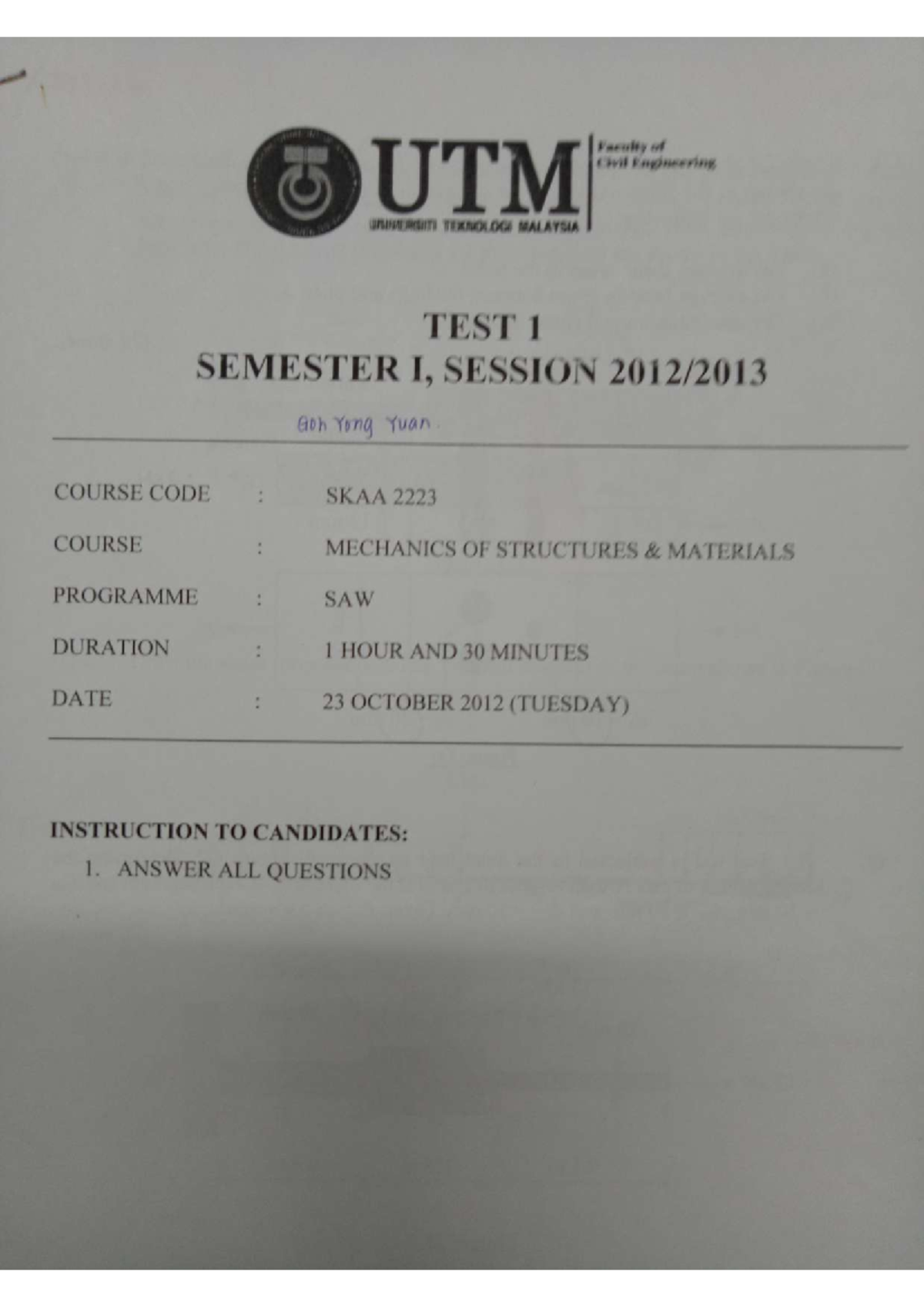 MOMS-Test 1-1213-01-ANS - Mechanics of Materials and Structures - Studocu