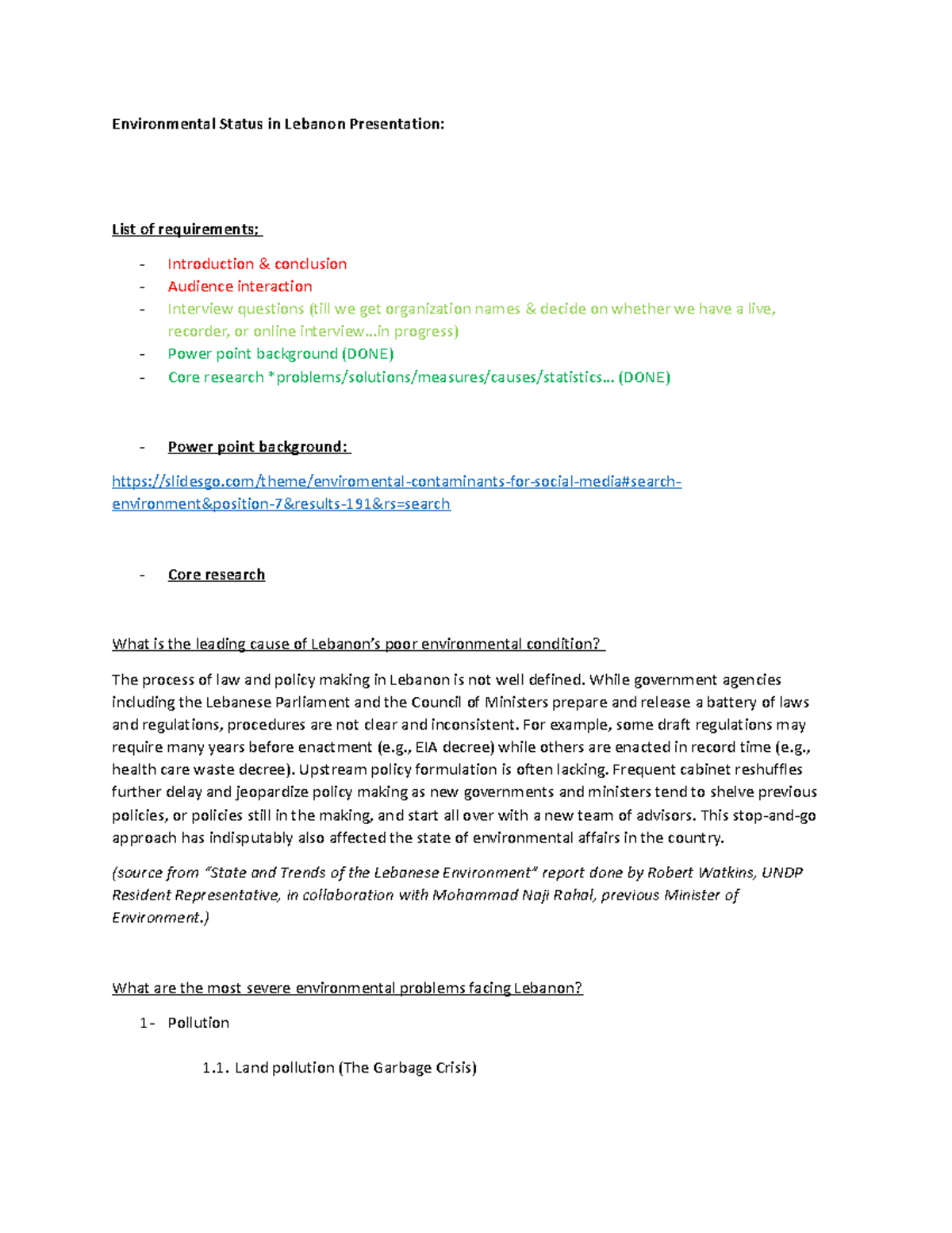 Environmental Status in Lebanon Presentation - . progress) Power point ...