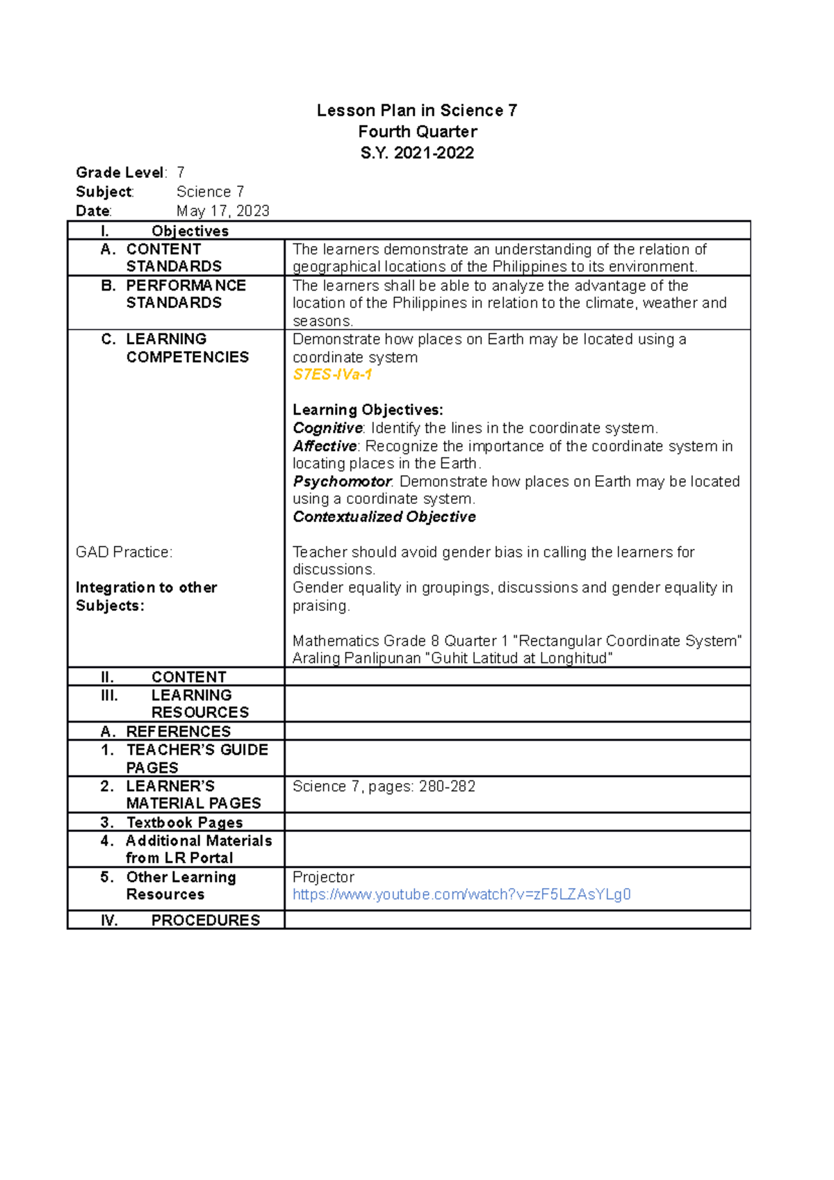 Cot 21-22 4th quarter - Lesson plan science 7 - Lesson Plan in Science 7 Fourth Quarter S. 2021 ...