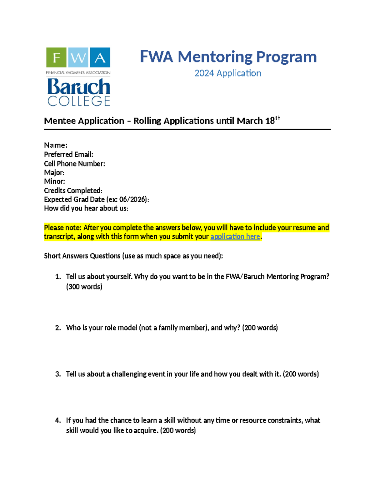 FWA Mentoring Program Short Answers Form 2024 - FWA Mentoring Program ...