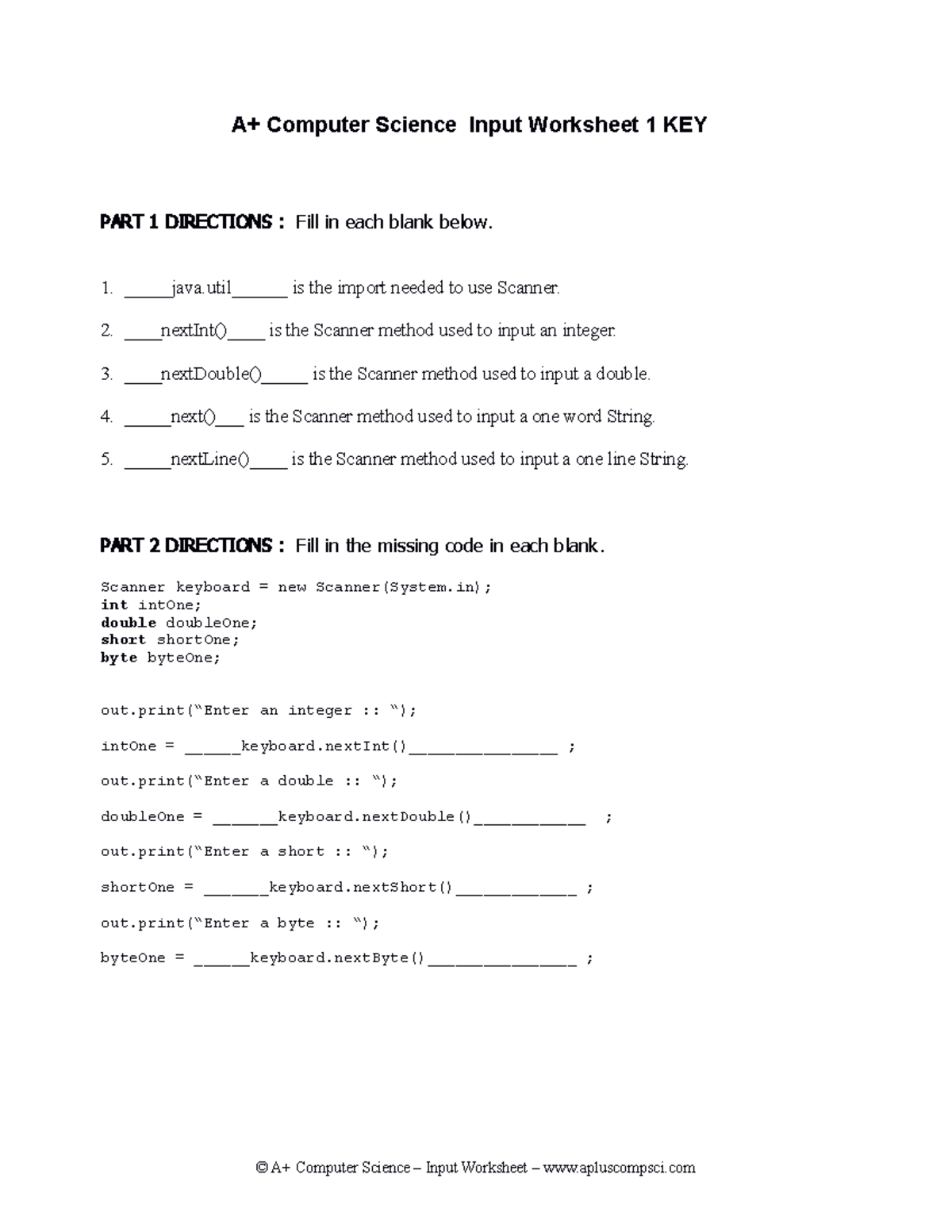 Input Worksheet 1 Java Aplus Key A Computer Science Input Worksheet 1 Key Part 1 Directions