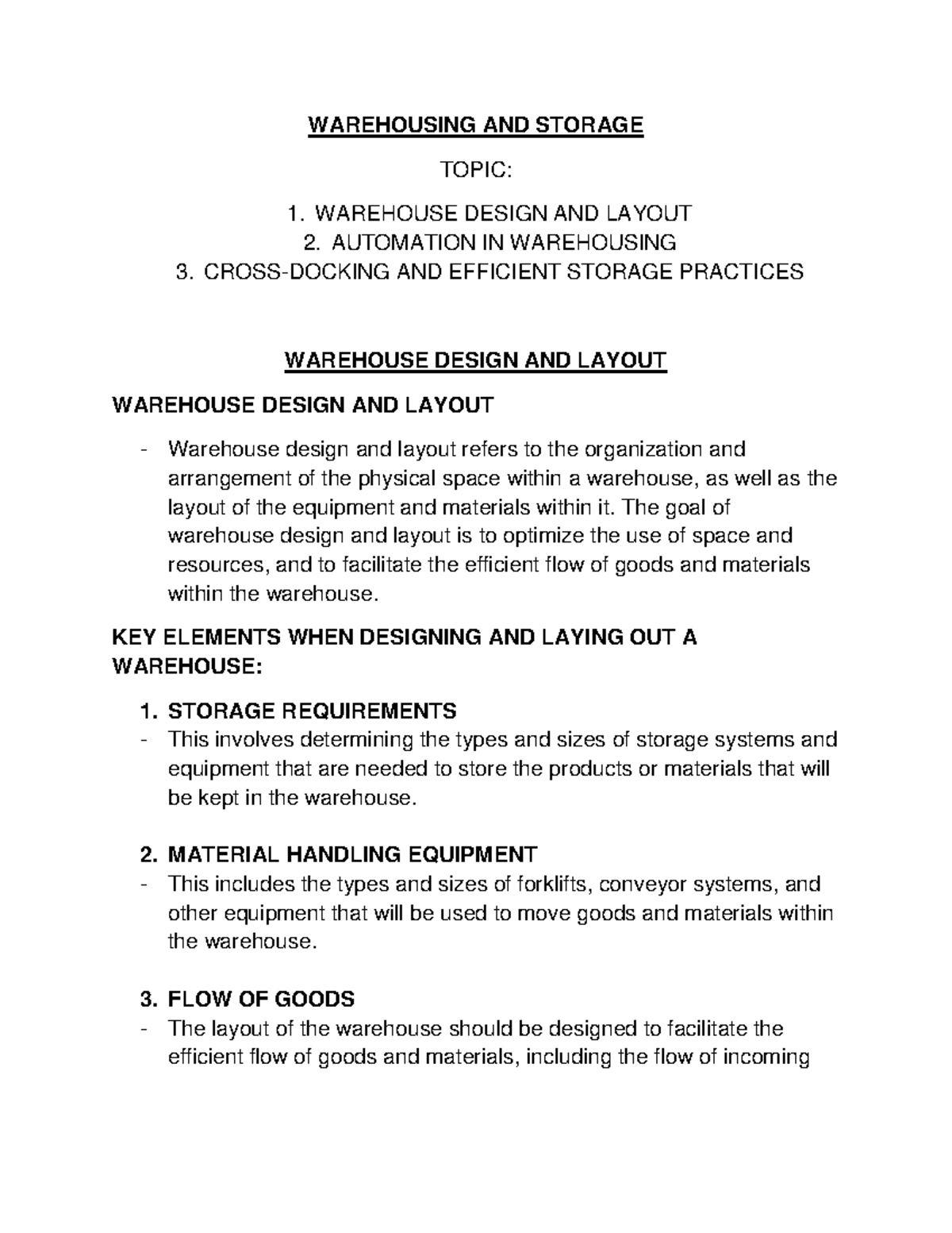 Lesson 4. Warehousing AND Storage - WAREHOUSING AND STORAGE TOPIC: 1 ...