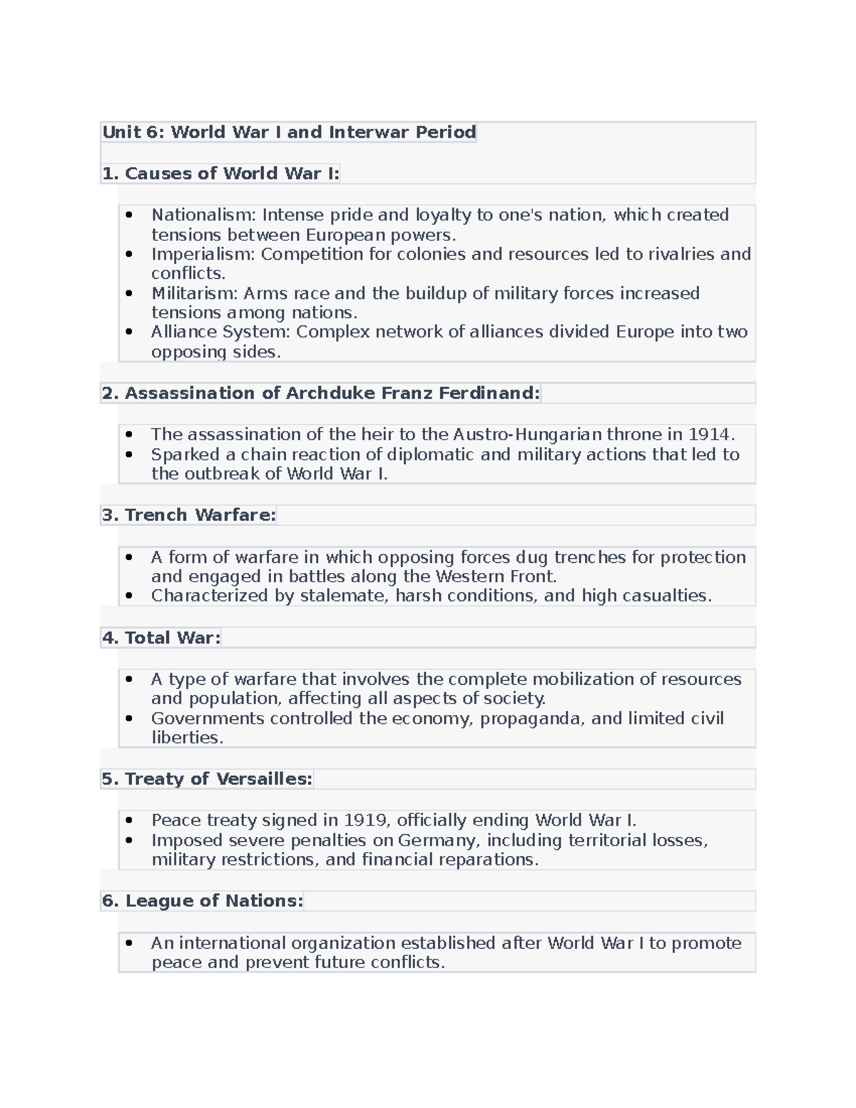 Unit 6 - The notes in Unit 6 focus on World War I and the Interwar ...
