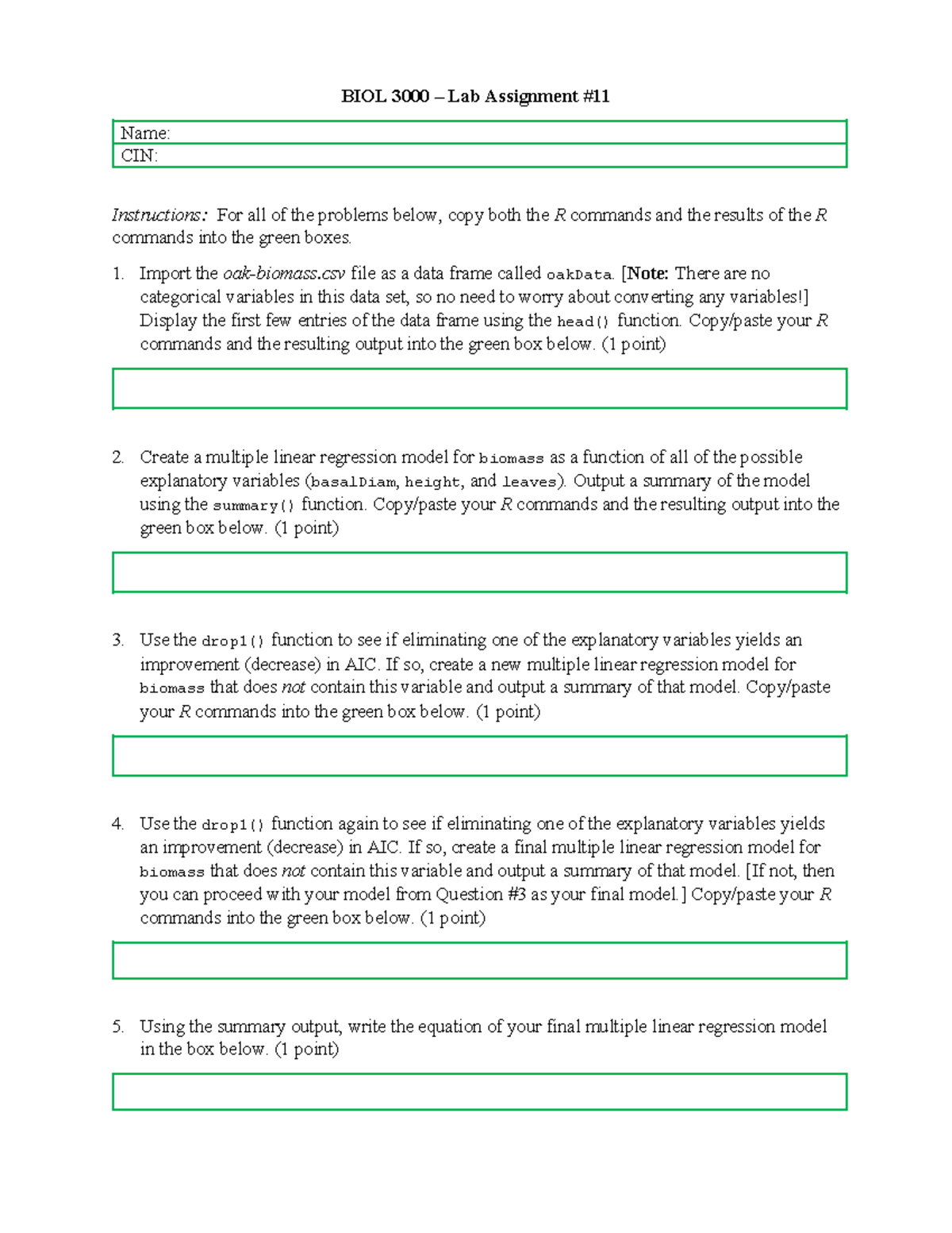 Lab Assignment 11 Help Biol 3000 Lab Assignment Name Cin Instructions For All Of The 