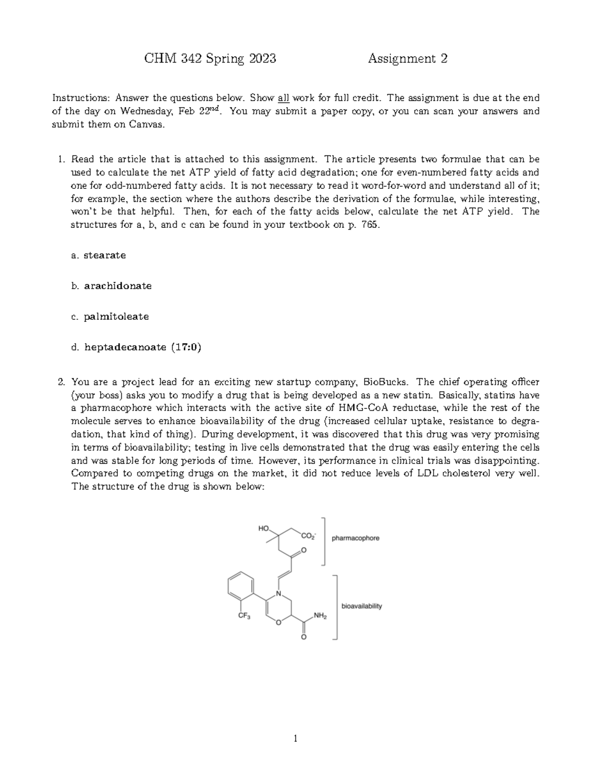 Assignment 2-metabolism - CHM 342 Spring 2023 Assignment 2 Instructions ...
