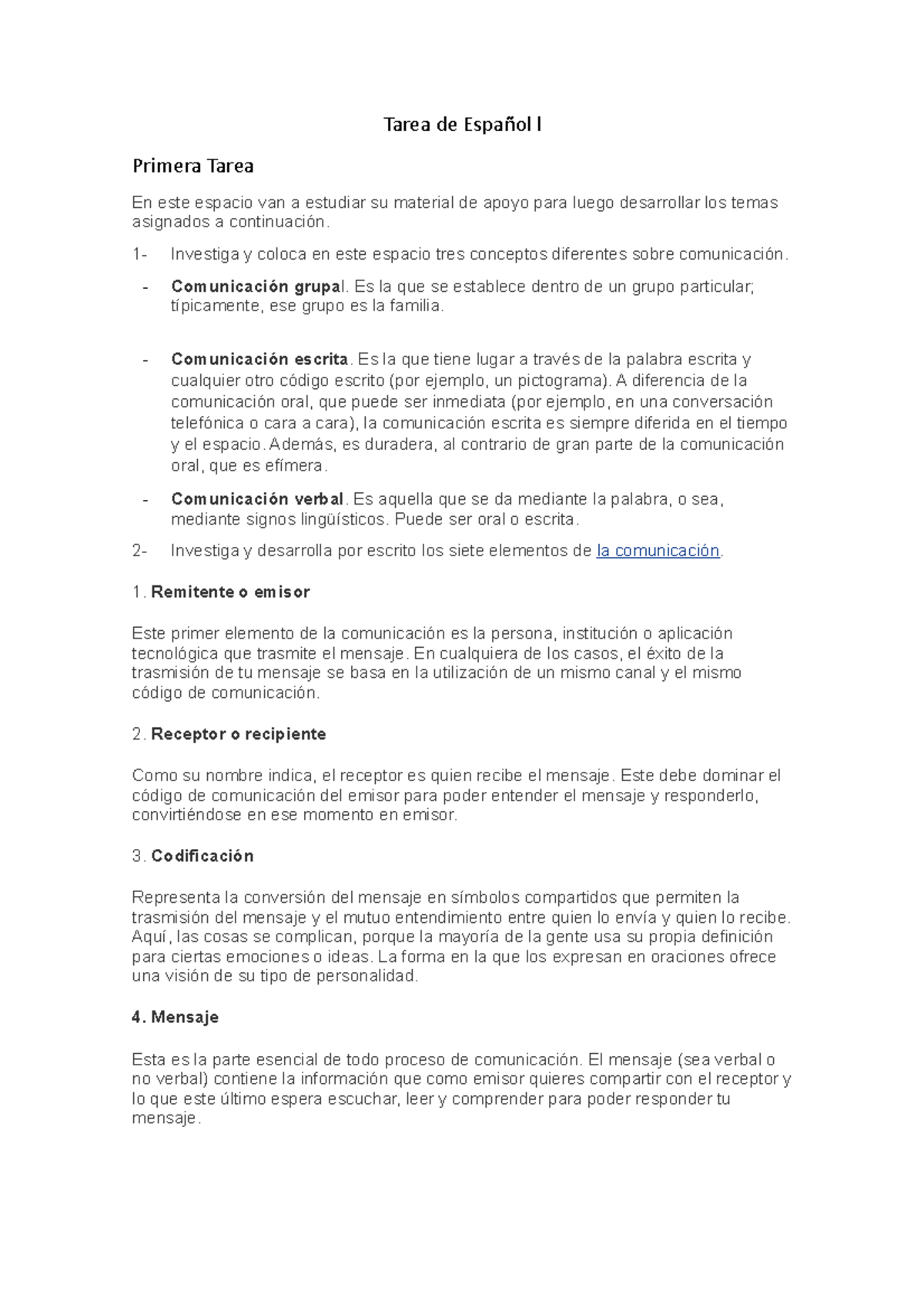 Tarea de Español l - Tarea de Español l Primera Tarea En este espacio ...