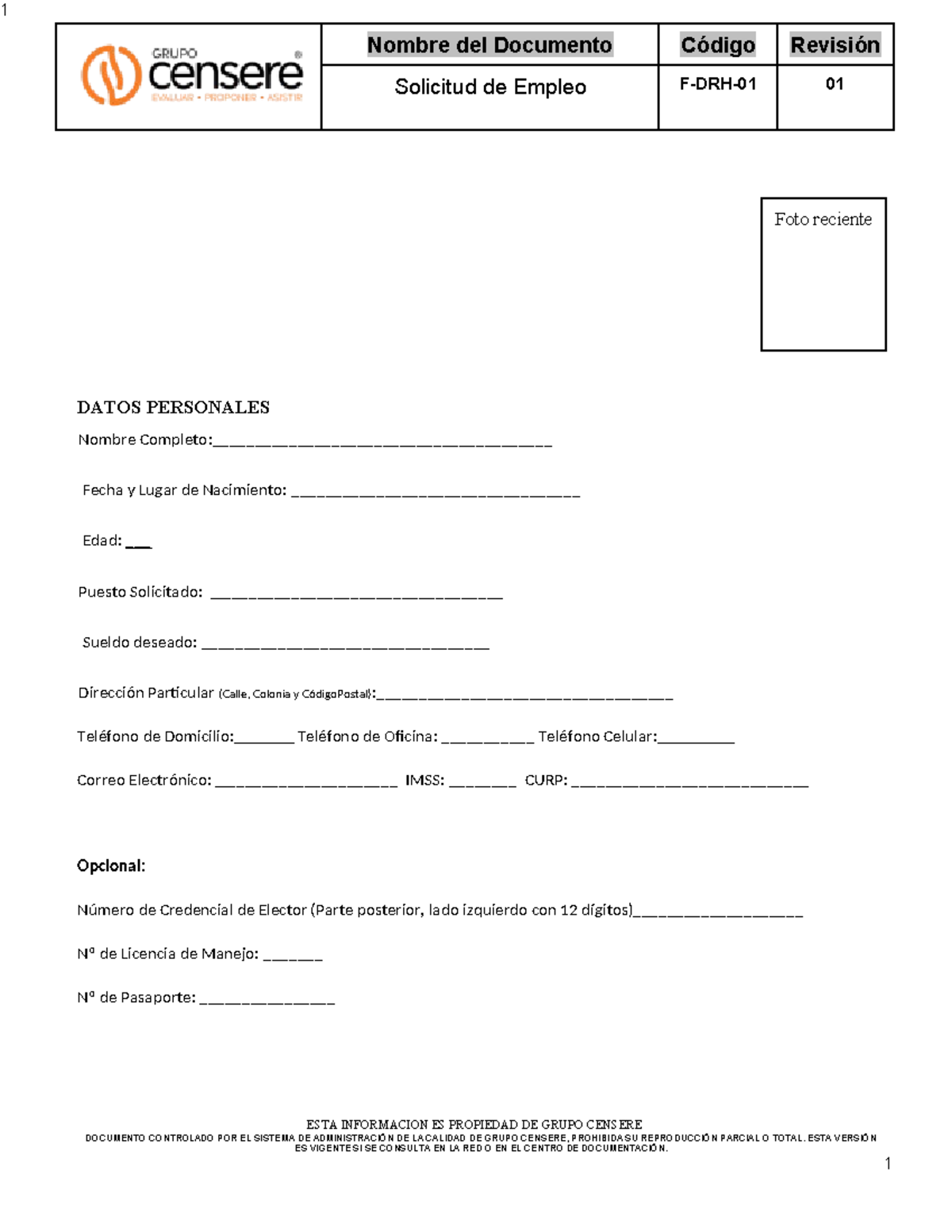 Solicitud de Empleo Grupo Censere 2024 - Nombre del Documento Código ...