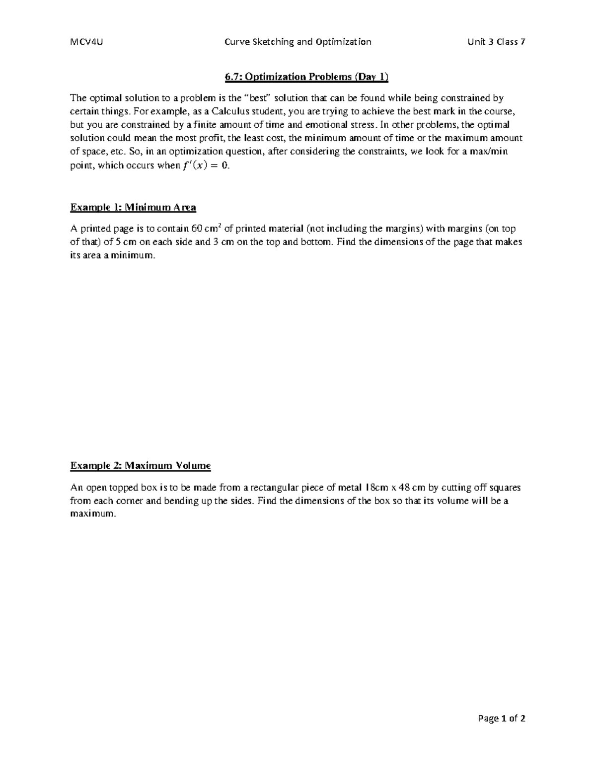 Unit 3 class 7 - math pdf - MCV4U Curve Sketching and Optimization Unit ...