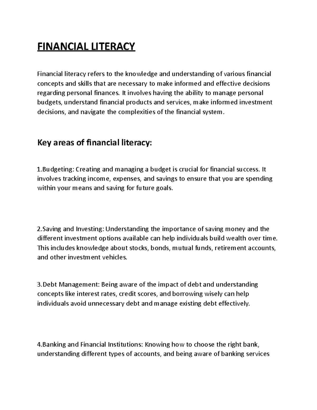 Fl - Finance - FINANCIAL LITERACY Financial literacy refers to the ...