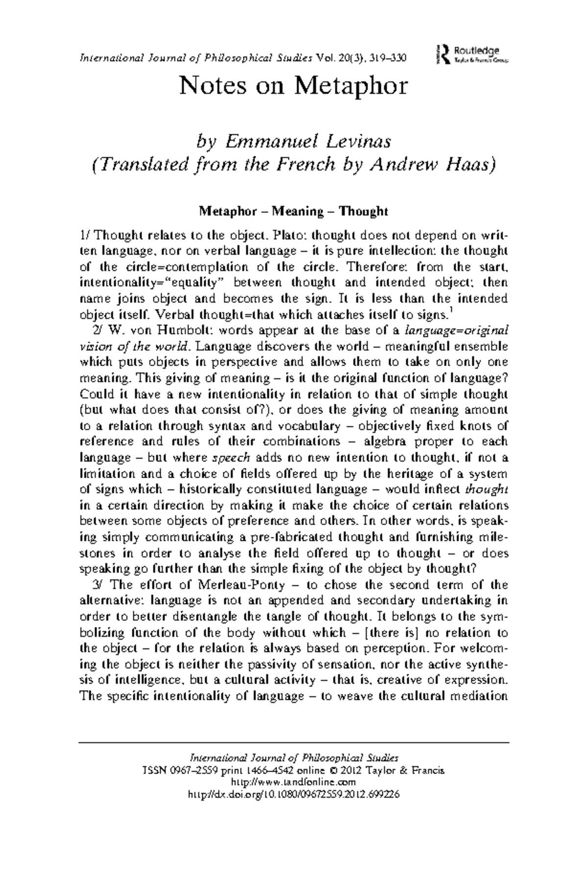 Notes on Metaphor. writting of Levinas - Notes on Metaphor by Emmanuel ...