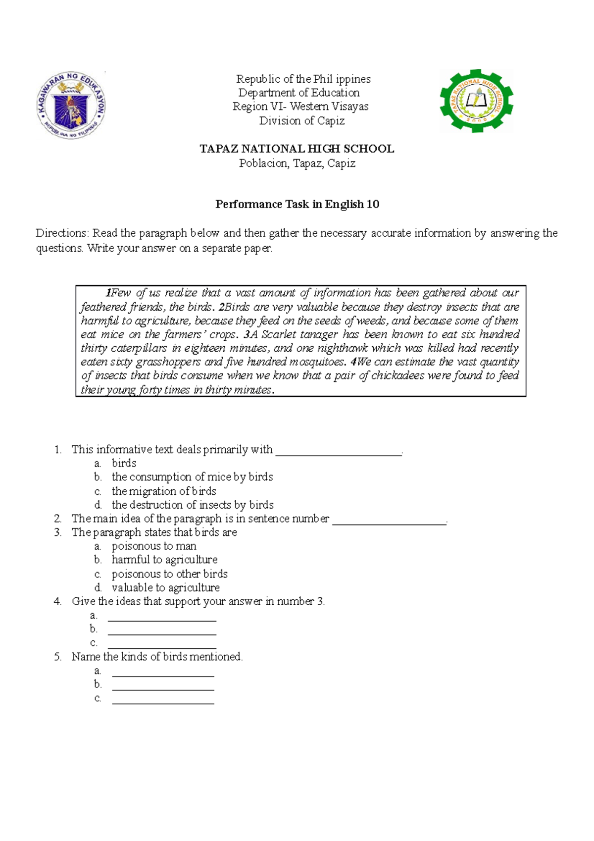 Performance task G10 Q1 M1 - Republic of the Phil ippines Department of Education Region VI ...