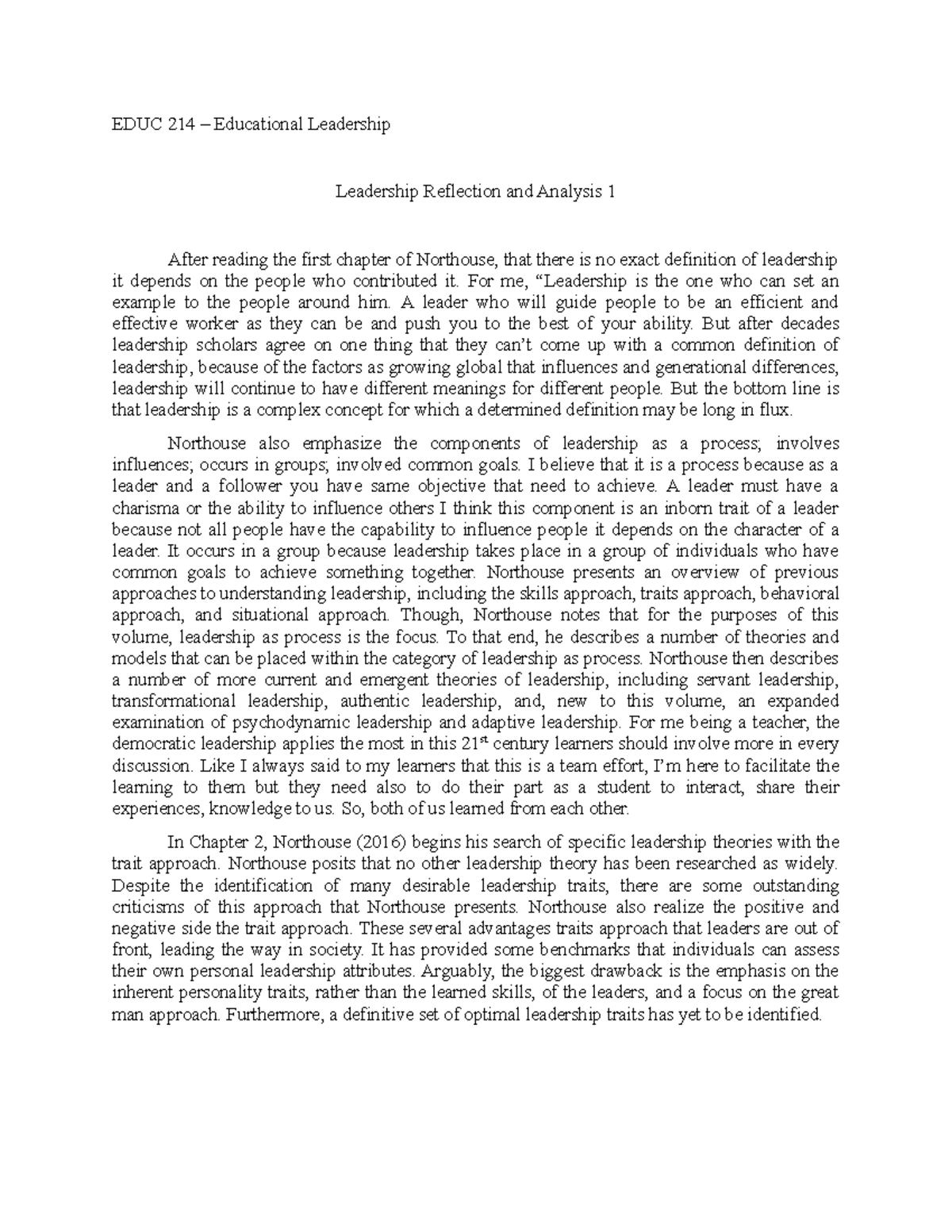 Leadership Reflection and Analysis 1 - EDUC 214 – Educational ...