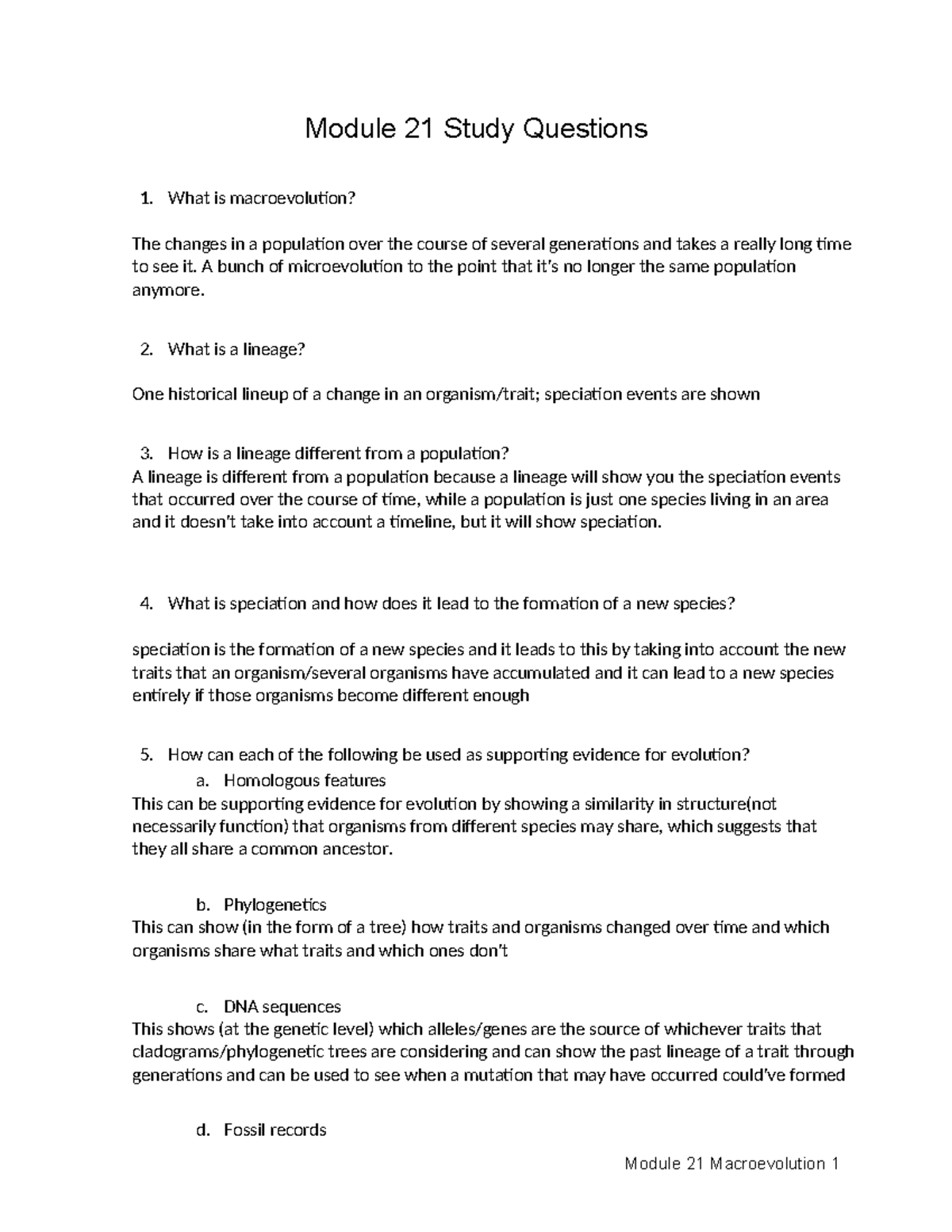 C190.v3 module 21 study questions - Module 21 Macroevolution 1 Module ...
