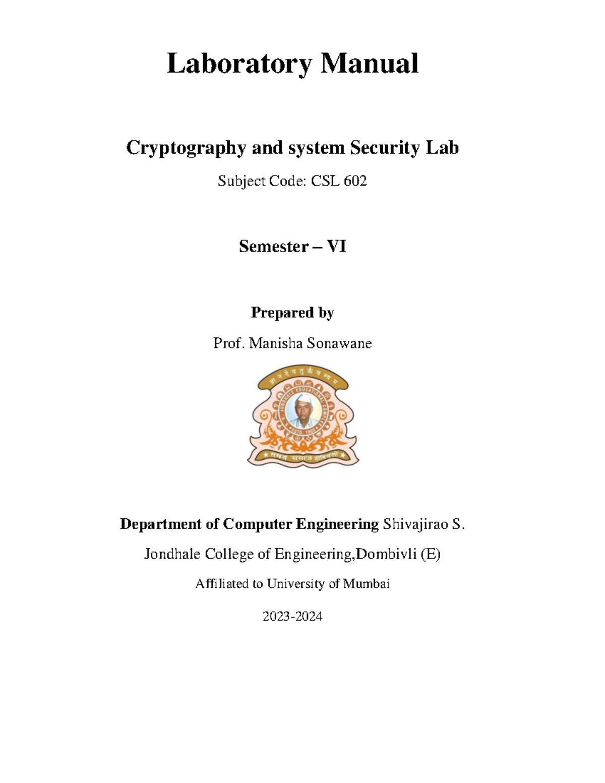 CSS VI JAN 2024 LAsB Manual - Laboratory Manual Cryptography and system Security Lab Subject ...
