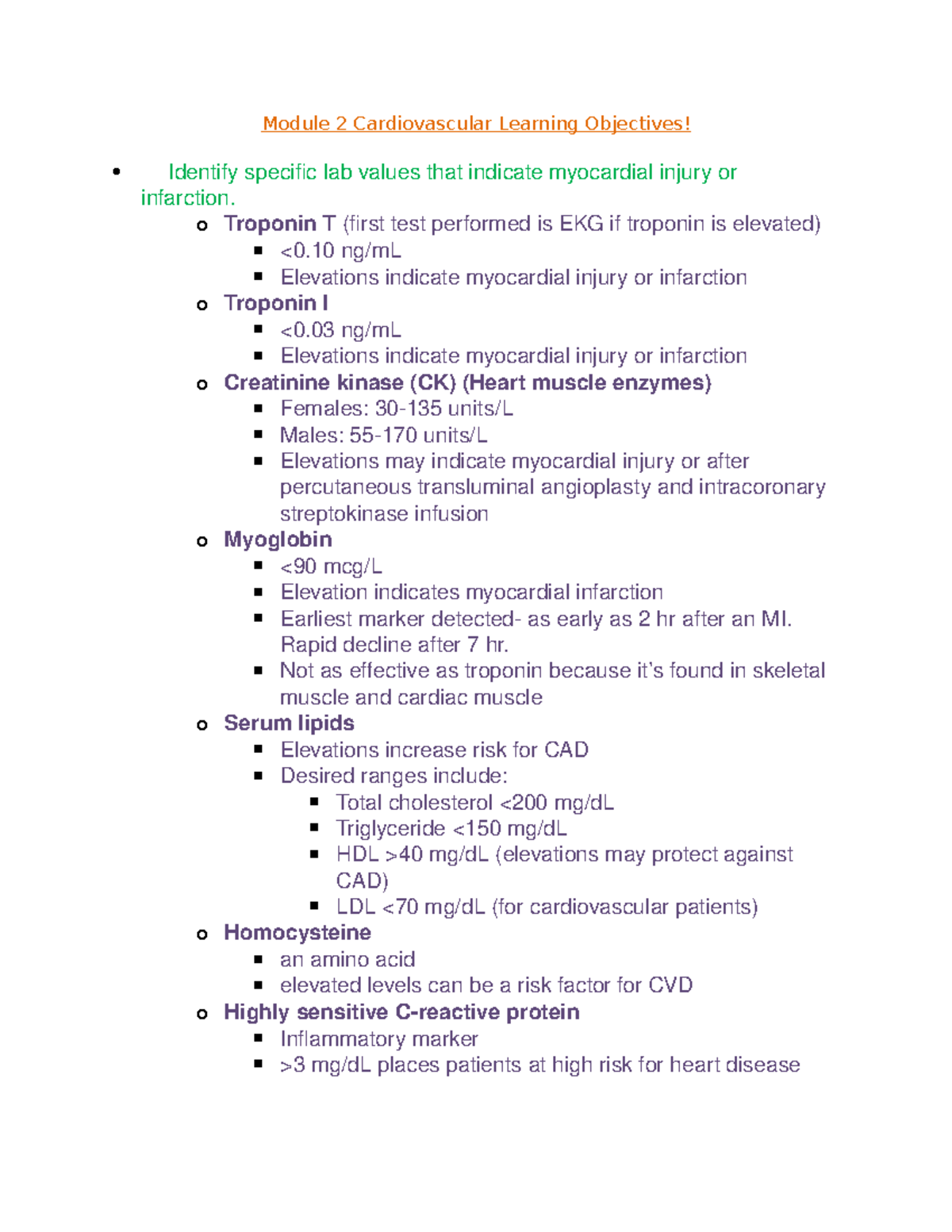 Module 2 Cardiovascular Learning Objectives - Module 2 Cardiovascular ...