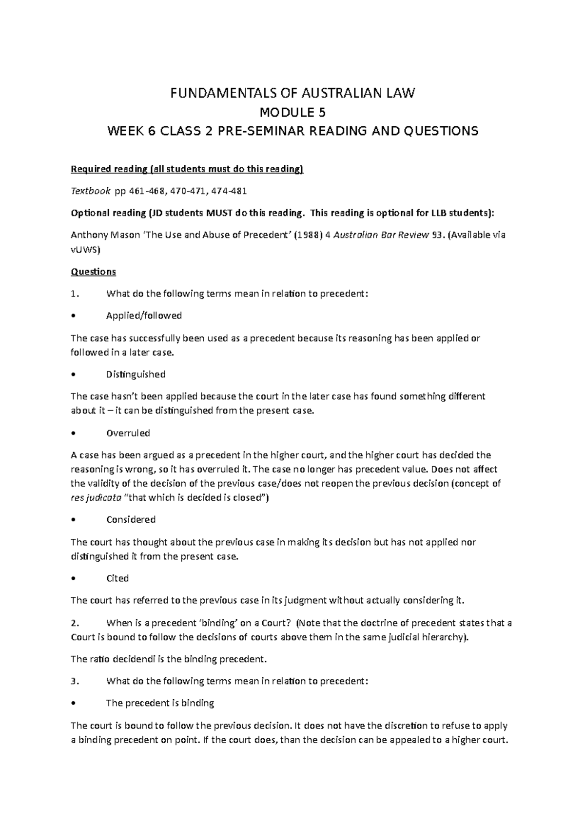 Week 6.2 preseminar readings and questions - FUNDAMENTALS OF AUSTRALIAN LAW MODULE 5 WEEK 6 ...