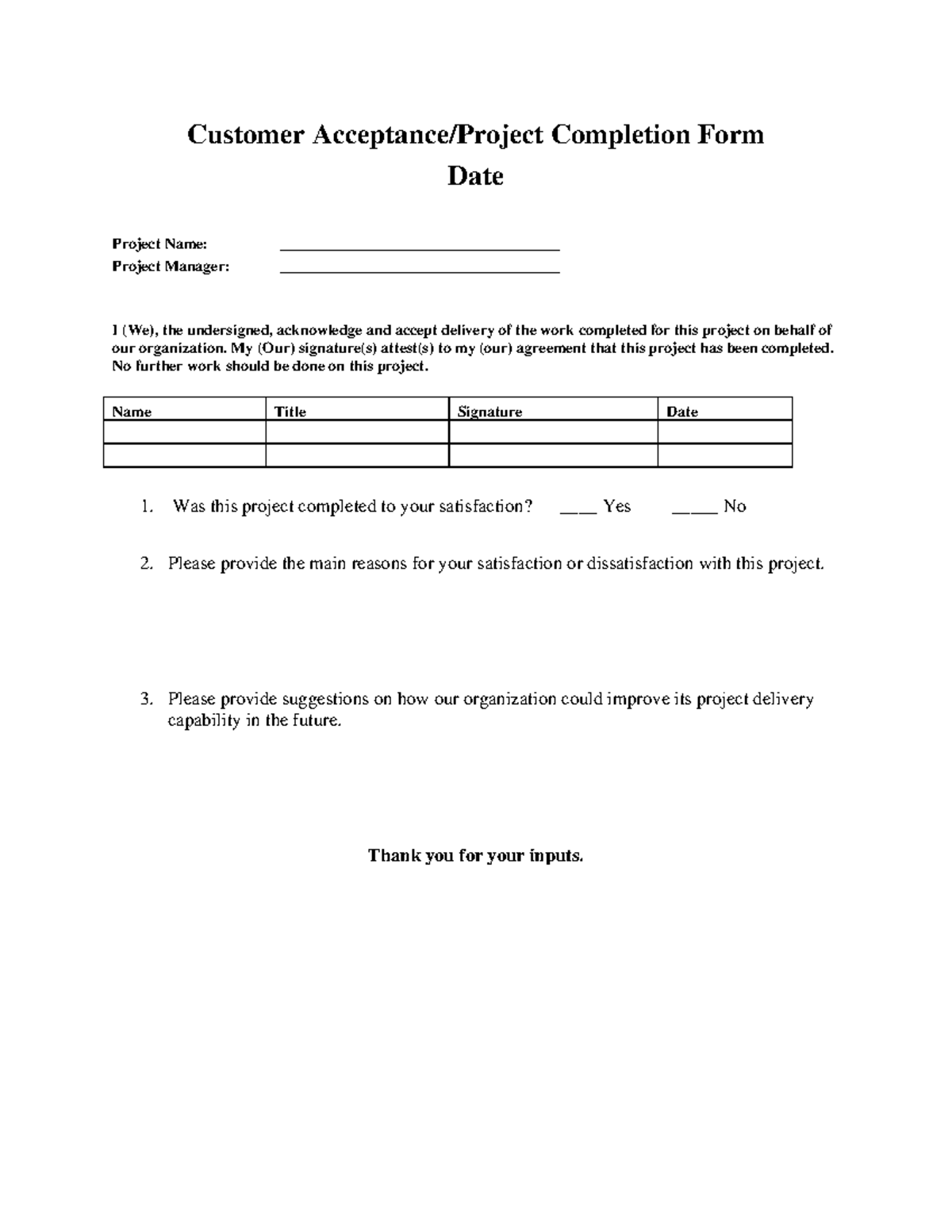 Customer acceptance-project completion form - Customer Acceptance ...